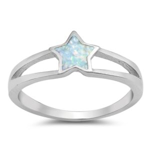 white simulated opal solitaire star cute ring new .925 sterling silver band size 8