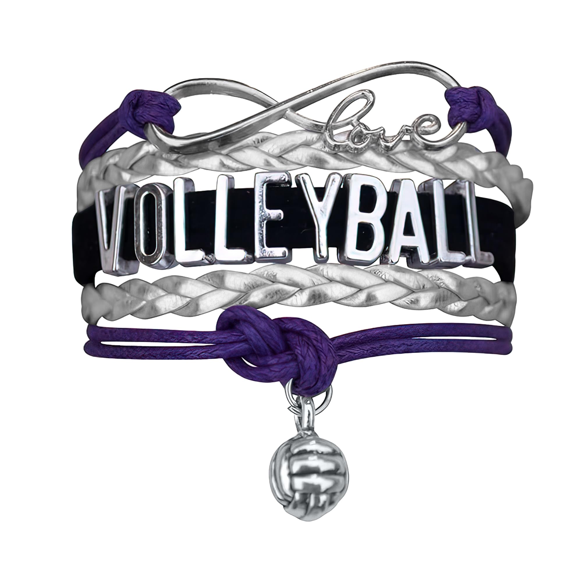 Volleyball Bracelet- Ideal Gifts. Adjustable Charm Bracelet with Moveable Letters, Infinity Symbol & Silver Volleyball Charm. Fashionable Bracelet by SportyBella. (Purple)