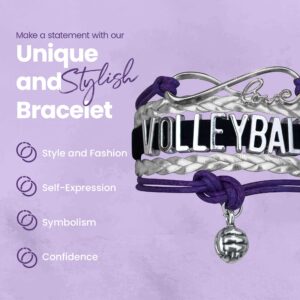 Volleyball Bracelet- Ideal Gifts. Adjustable Charm Bracelet with Moveable Letters, Infinity Symbol & Silver Volleyball Charm. Fashionable Bracelet by SportyBella. (Purple)