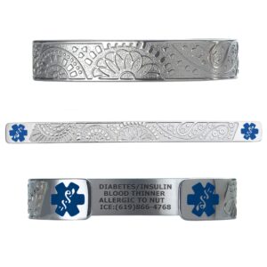 divoti custom engraved medical alert bracelets for women, stainless steel, medical id bracelet w/free engraving - fancy paisley w/ 6" cuff (fits 6.5-8.0")-stainless/deep blue