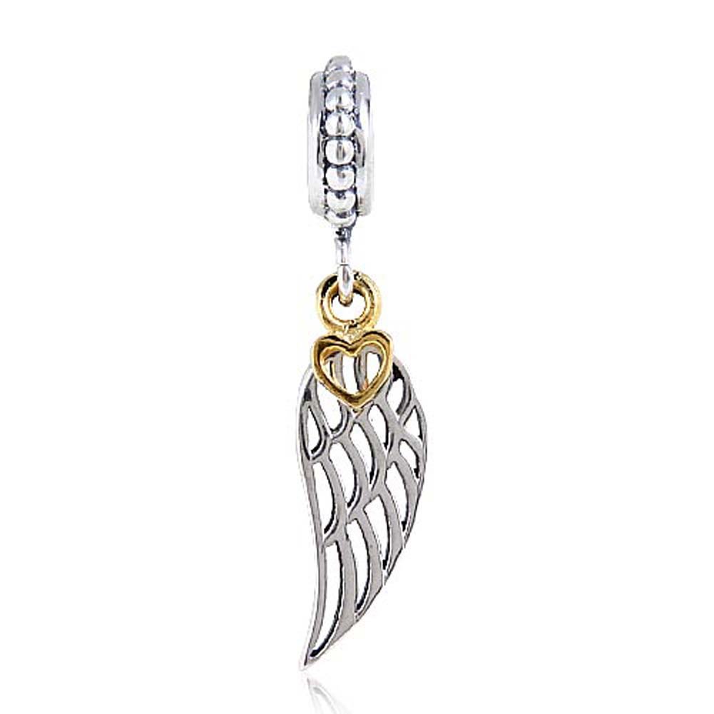 Angel Wing Charms with Gold Plated Heart 925 Sterling Silver Feather Pendant Dangel Christian Charm for DIY Charms Bracelet