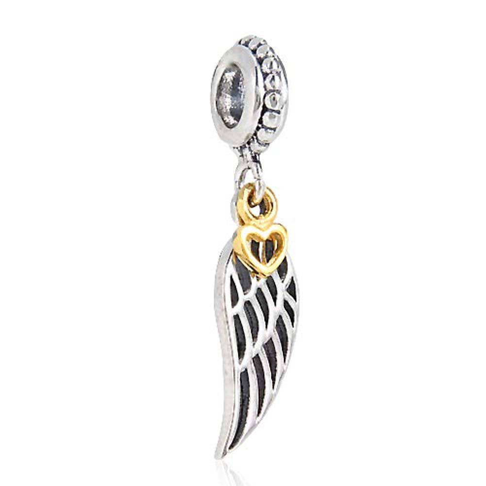 Angel Wing Charms with Gold Plated Heart 925 Sterling Silver Feather Pendant Dangel Christian Charm for DIY Charms Bracelet