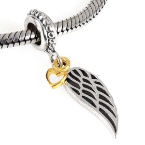 Angel Wing Charms with Gold Plated Heart 925 Sterling Silver Feather Pendant Dangel Christian Charm for DIY Charms Bracelet