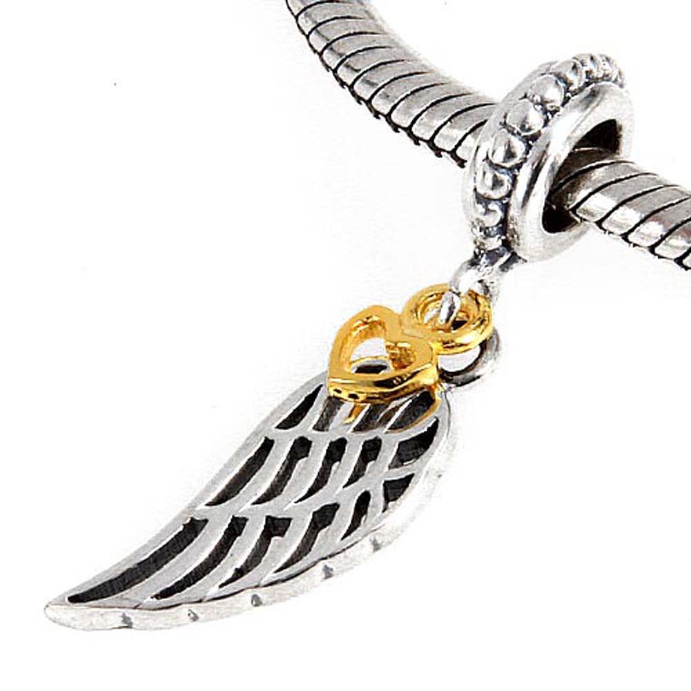 Angel Wing Charms with Gold Plated Heart 925 Sterling Silver Feather Pendant Dangel Christian Charm for DIY Charms Bracelet