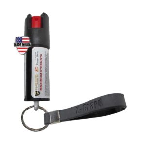 pepper spray keychain self defense long range police strength strongest tear gas formulation. powerful lab tested red hot pepper oc, military cs gas & uv identifying dye. compact non-lethal weapon