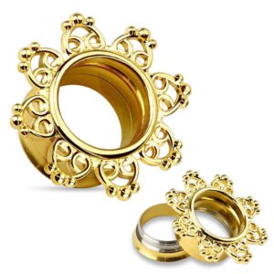 gold ear gauges tribal hearts filigree surgical steel double flare pair (5mm-4g)