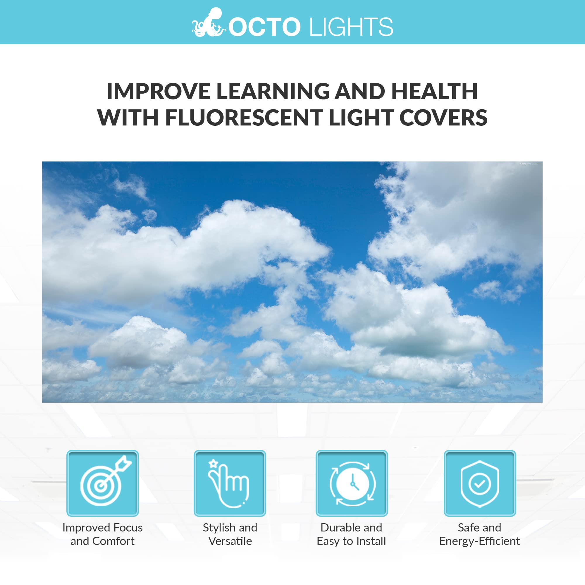 Octo Lights Fluorescent Light Decorative Covers for Classroom Ceiling Lights - 2x4 (22.38in X 46.5in) - Improves Focus, Eliminates Headaches, Provides Relief from Harsh Florescent Lights - Cloud 002