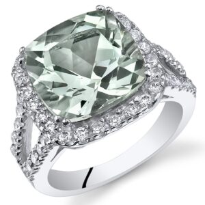 peora green amethyst ring in sterling silver, statement halo design, cushion cut, 4.75 carats total, comfort fit, size 7