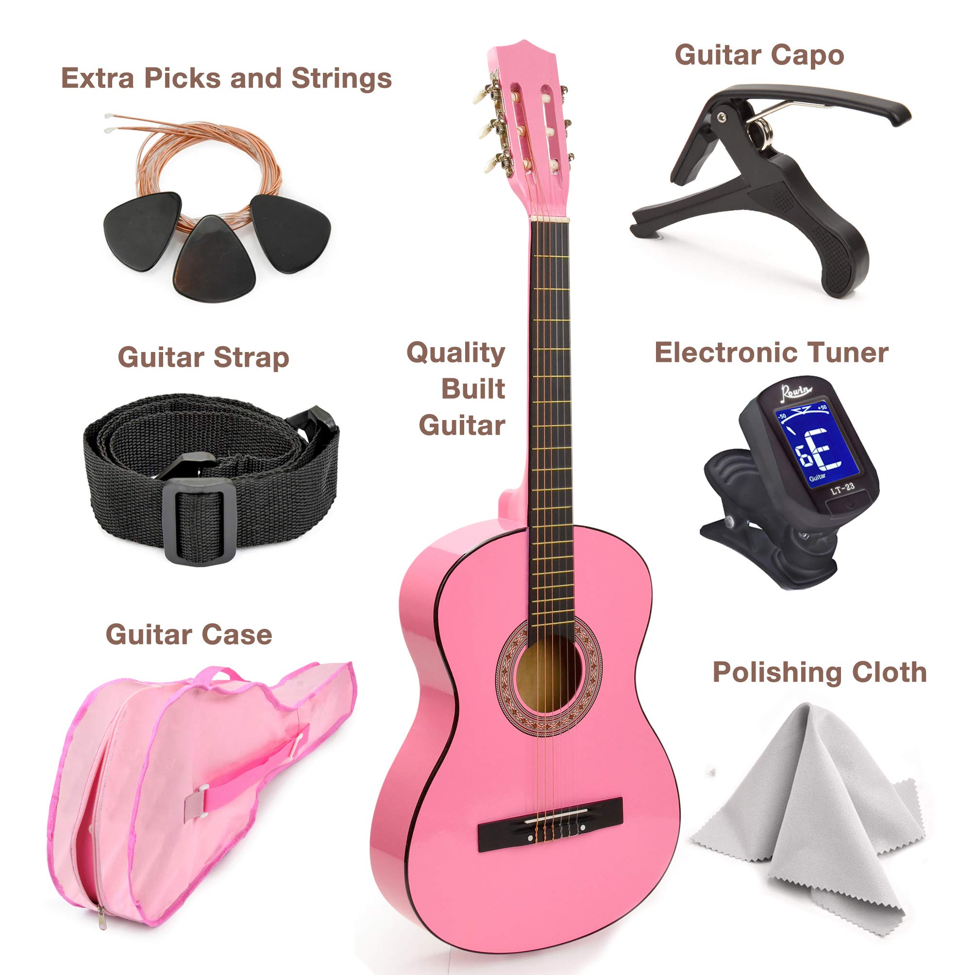 30" Wood Classical Guitar with Case and Accessories for Kids/Girls/Boys/Beginners (Pink)