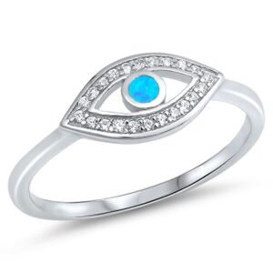 clear cz blue simulated opal evil eye halo ring .925 sterling silver band size 5