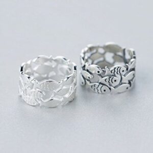 Helen de Lete Simple School Fish Geometric Pattern 925 Sterling Silver Open Ring-white silver