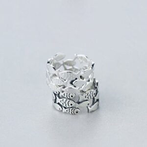 Helen de Lete Simple School Fish Geometric Pattern 925 Sterling Silver Open Ring-white silver