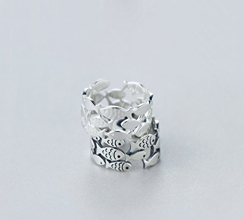 Helen de Lete Simple School Fish Geometric Pattern 925 Sterling Silver Open Ring-white silver