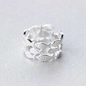 Helen de Lete Simple School Fish Geometric Pattern 925 Sterling Silver Open Ring-white silver