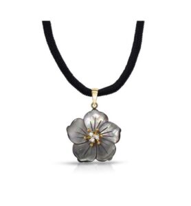 14k yellow gold tahitian mother of pearl with diamonds pendant with a black silk cord 18 inch