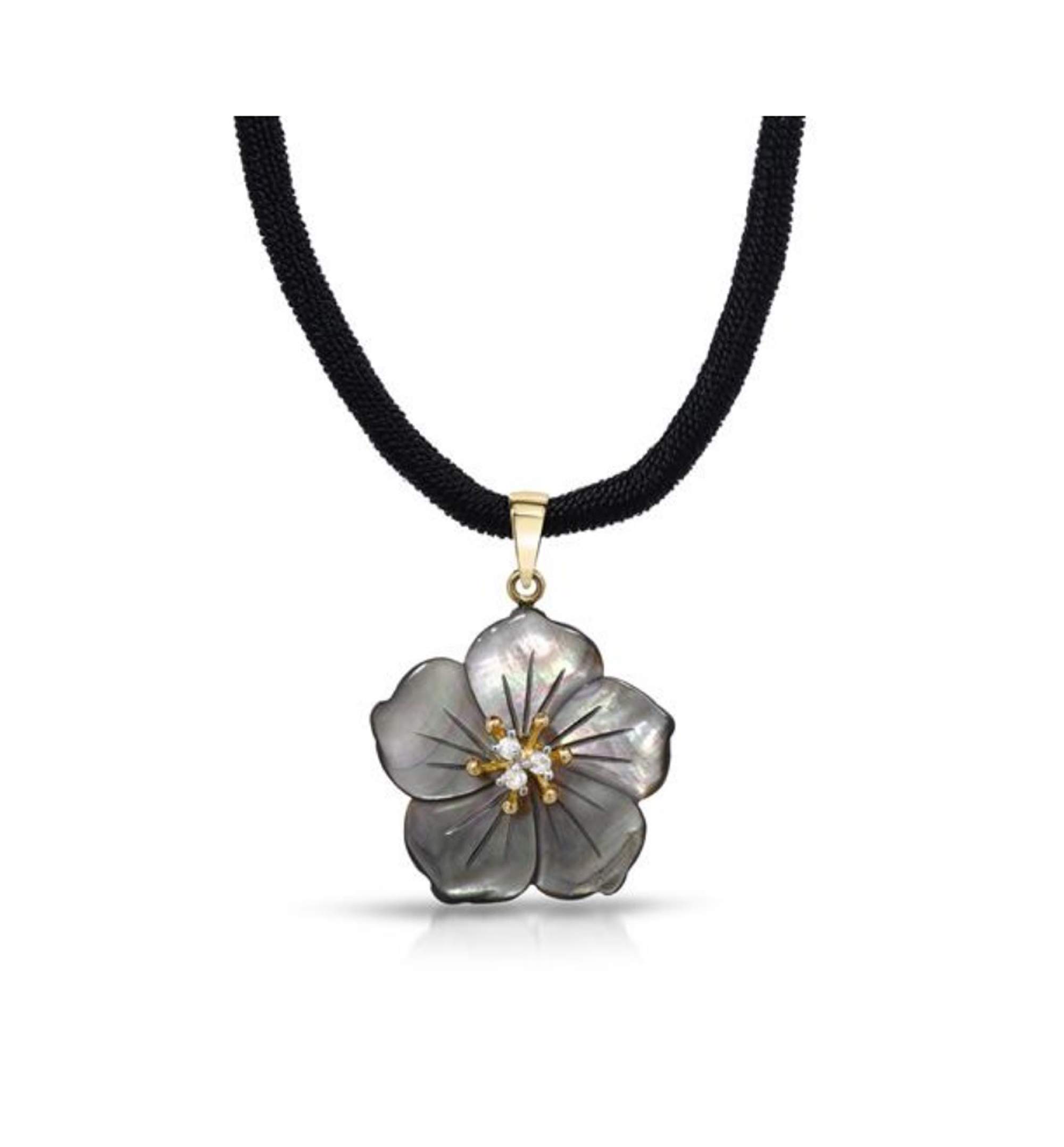 14K Yellow Gold Tahitian Mother of Pearl with Diamonds Pendant with a Black Silk Cord 18 Inch