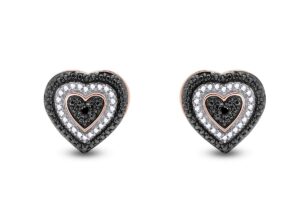 black & white natural diamond heart shape stud earrings in 14k rose gold over sterling silver (0.02 ct)