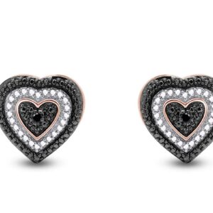 Black & White Natural Diamond Heart Shape Stud Earrings In 14K Rose Gold Over Sterling Silver (0.02 Ct)