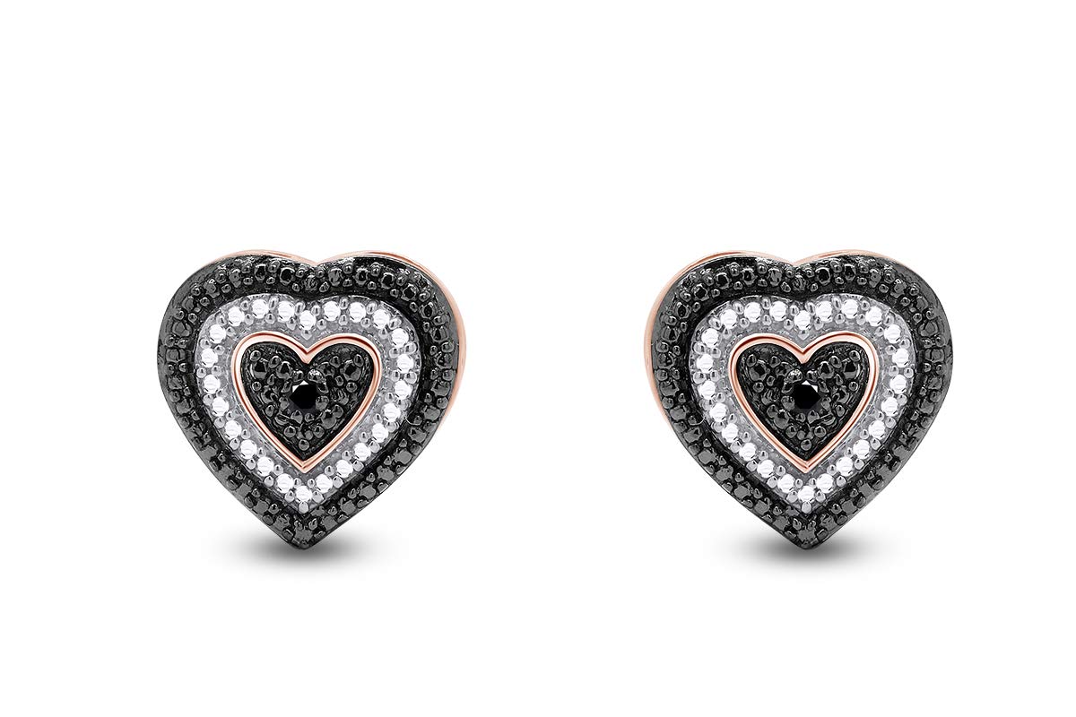 Black & White Natural Diamond Heart Shape Stud Earrings In 14K Rose Gold Over Sterling Silver (0.02 Ct)