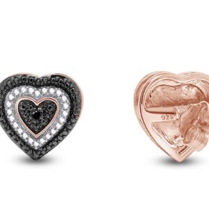 Black & White Natural Diamond Heart Shape Stud Earrings In 14K Rose Gold Over Sterling Silver (0.02 Ct)