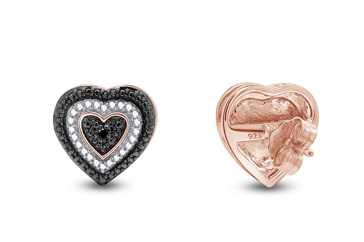 Black & White Natural Diamond Heart Shape Stud Earrings In 14K Rose Gold Over Sterling Silver (0.02 Ct)