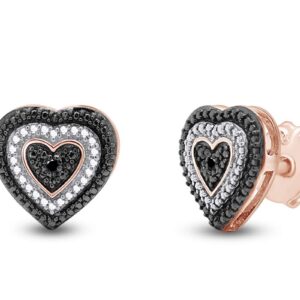 Black & White Natural Diamond Heart Shape Stud Earrings In 14K Rose Gold Over Sterling Silver (0.02 Ct)