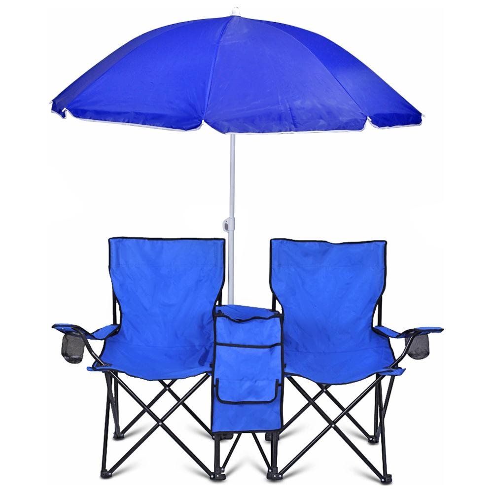 GoTeam Nylon Portable Double Folding Chair w/Removable Umbrella, Cooler Bag and Carry Case, For Beach,Camping - Blue