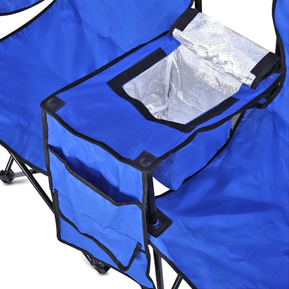 GoTeam Nylon Portable Double Folding Chair w/Removable Umbrella, Cooler Bag and Carry Case, For Beach,Camping - Blue