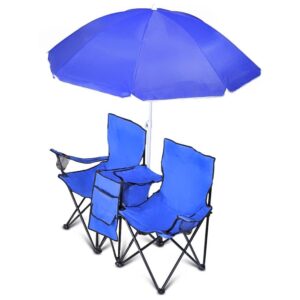 GoTeam Nylon Portable Double Folding Chair w/Removable Umbrella, Cooler Bag and Carry Case, For Beach,Camping - Blue