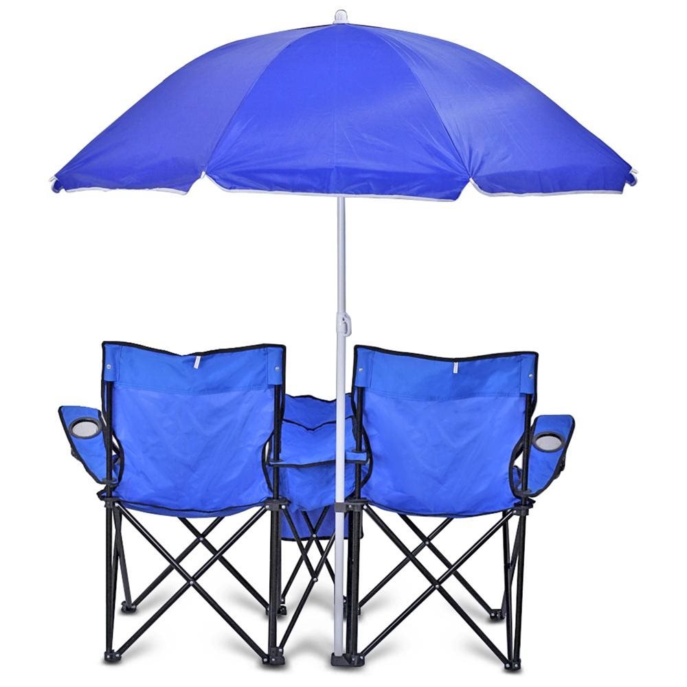 GoTeam Nylon Portable Double Folding Chair w/Removable Umbrella, Cooler Bag and Carry Case, For Beach,Camping - Blue