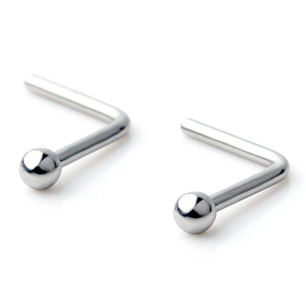 Ruifan 18G Surgical Steel 2mm Top Ball L-Shaped Nose Bone Studs Ring Pins Piercing Jewelry 2PCS - Steel