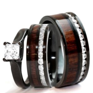 his & hers natural koa wood cz 3 pcs surgical black stainless steel engagement wedding rings set (size his 10, hers 08)