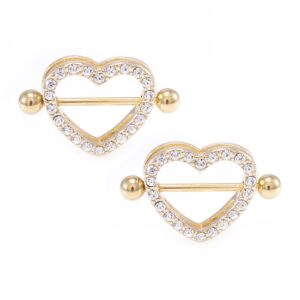 bodyjewelryonline heart-shaped nipple shield barbell ring, paved cz gems, ion-plated gold tone, 14 gauge shaft barbell, smooth quality finish, hypoallergenic, nickel-free, durable, comfortable