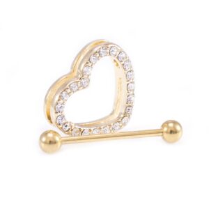 BodyJewelryOnline Heart-Shaped Nipple Shield Barbell Ring, Paved CZ Gems, Ion-Plated Gold Tone, 14 Gauge Shaft Barbell, Smooth Quality Finish, Hypoallergenic, Nickel-Free, Durable, Comfortable