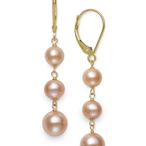 14k Yellow Gold Pink Cultured Freshwater Pearl Trio Dangle Drop Earrings