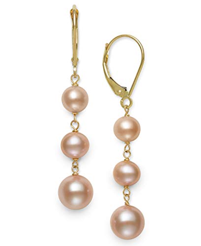 14k Yellow Gold Pink Cultured Freshwater Pearl Trio Dangle Drop Earrings