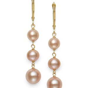 14k Yellow Gold Pink Cultured Freshwater Pearl Trio Dangle Drop Earrings