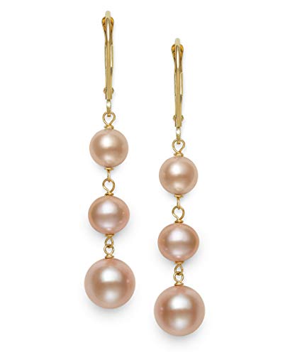 14k Yellow Gold Pink Cultured Freshwater Pearl Trio Dangle Drop Earrings