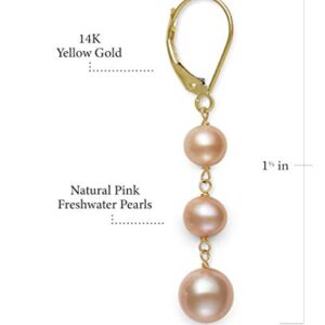 14k Yellow Gold Pink Cultured Freshwater Pearl Trio Dangle Drop Earrings