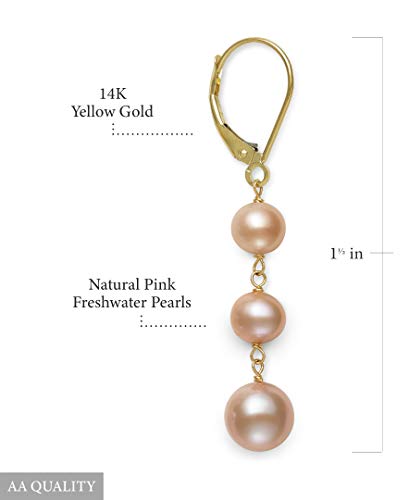 14k Yellow Gold Pink Cultured Freshwater Pearl Trio Dangle Drop Earrings