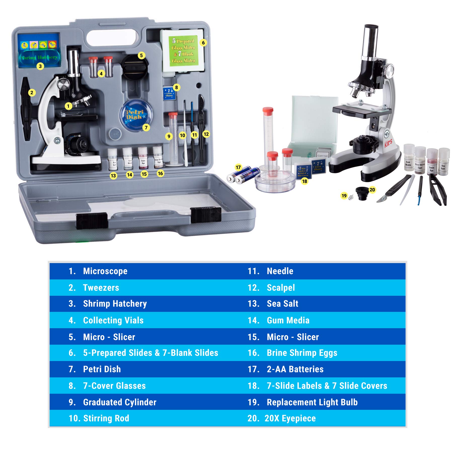 AmScope - M30-ABS-KT2-W-WM 1200X 52-pcs Kids Student Beginner Microscope Kit with Slides, LED Light, Storage Box and Book"The World of The Microscope" White