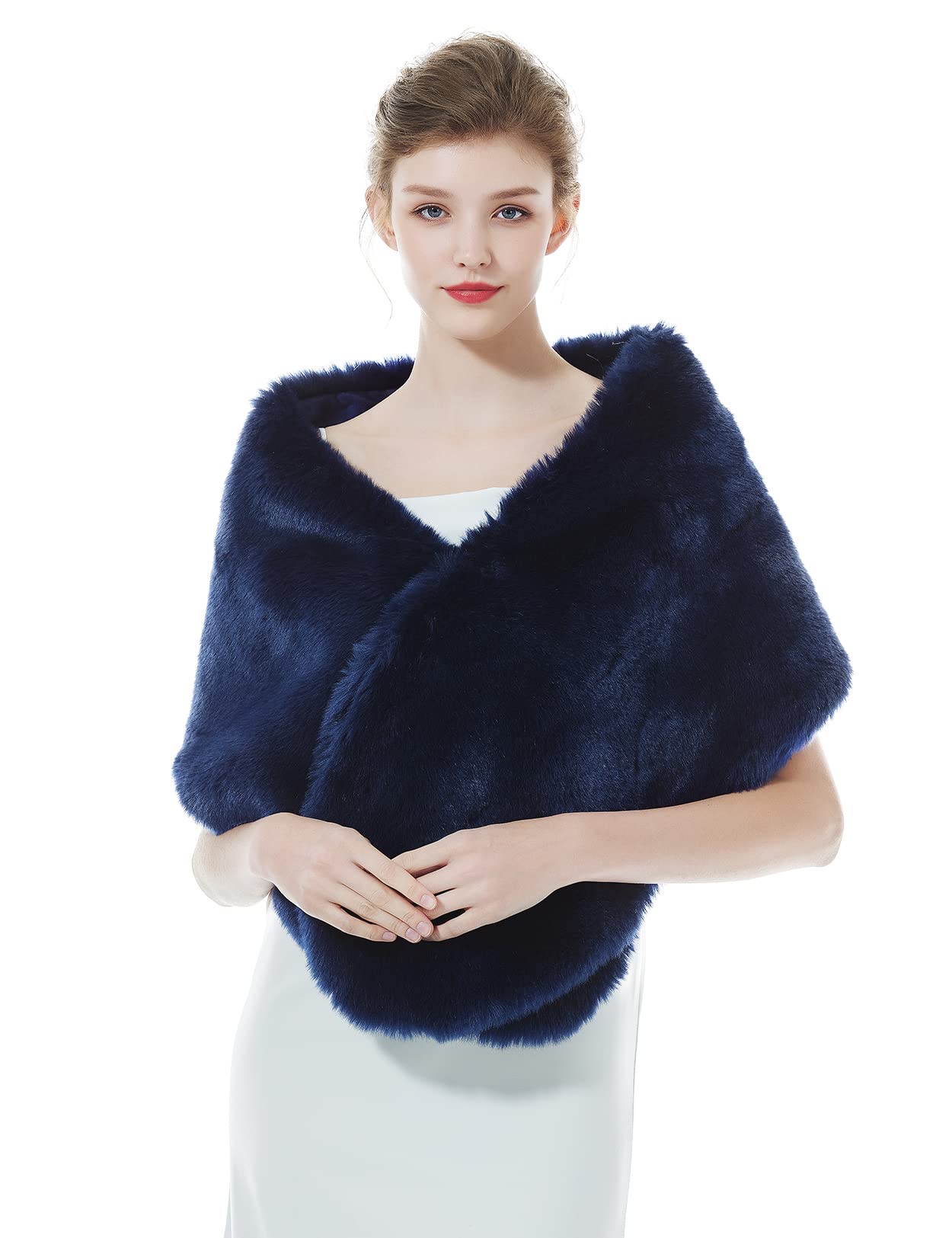 BEAUTELICATE Women's Faux Fur Shawl Stoles Wrap for Bridal/Wedding/Party-S62 Navy Blue, Navy Blue, 67"x14"