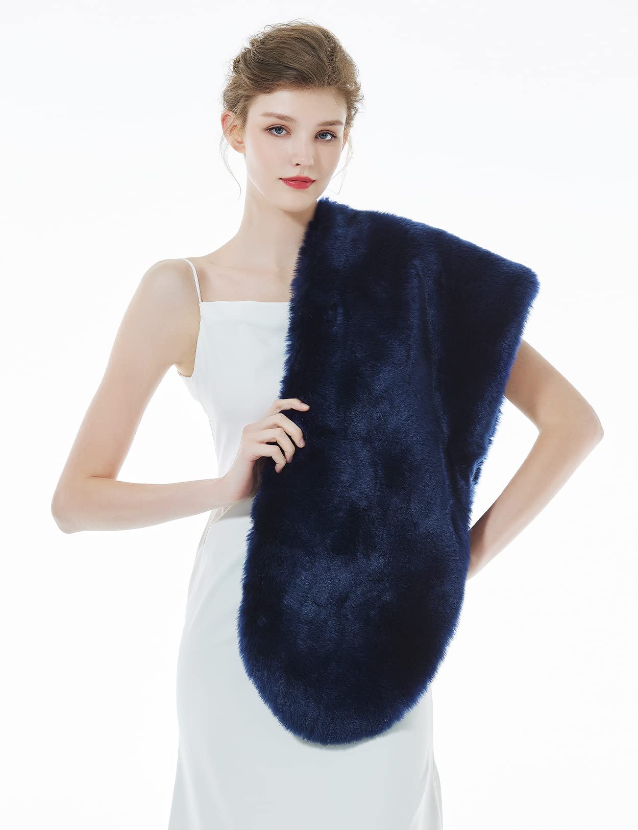 BEAUTELICATE Women's Faux Fur Shawl Stoles Wrap for Bridal/Wedding/Party-S62 Navy Blue, Navy Blue, 67"x14"