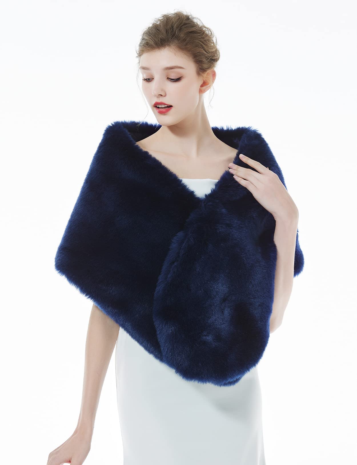 BEAUTELICATE Women's Faux Fur Shawl Stoles Wrap for Bridal/Wedding/Party-S62 Navy Blue, Navy Blue, 67"x14"