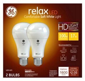 ge lighting relax hd a21 lighting led, 17-watt soft white finish, dimmable, 100-watt replacement, 1600 lumen, e26 medium base, 2-pack