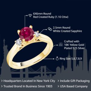 Gem Stone King 18K Yellow Gold Plated Silver Red Created Ruby and White Created Sapphire 3-Stone Engagement Ring For Women (1.10 Cttw, Round 6MM, Gemstone July Birthstone, Size 8)