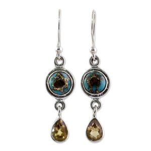 novica artisan handcrafted dangle earrings | .925 sterling silver droplet earrings | 2 carat india dangle earrings | composite turquoise gemstone | reconstituted drop-shaped | sunny droplets themed