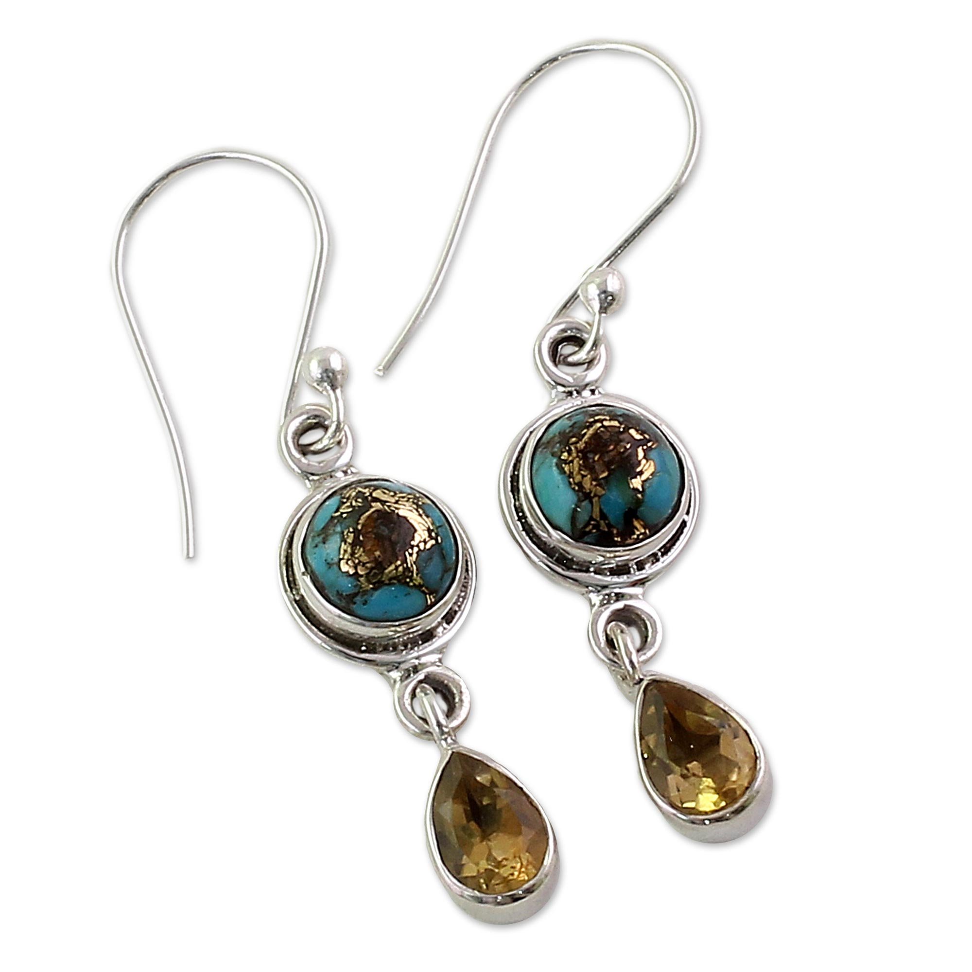 NOVICA Artisan Handcrafted Dangle Earrings | .925 Sterling Silver Droplet earrings | 2 Carat India Dangle Earrings | Composite Turquoise Gemstone | Reconstituted Drop-Shaped | Sunny Droplets Themed