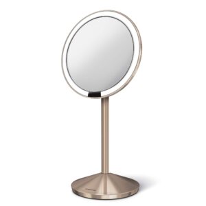 simplehuman sensor mirror, travel makeup mirror with lights, 10x magnification, lighted, round, free standing, 5", rose gold stainless steel