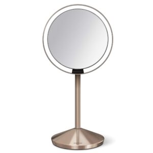 simplehuman Sensor Mirror, Travel Makeup Mirror with Lights, 10X Magnification, Lighted, Round, Free Standing, 5", Rose Gold Stainless Steel